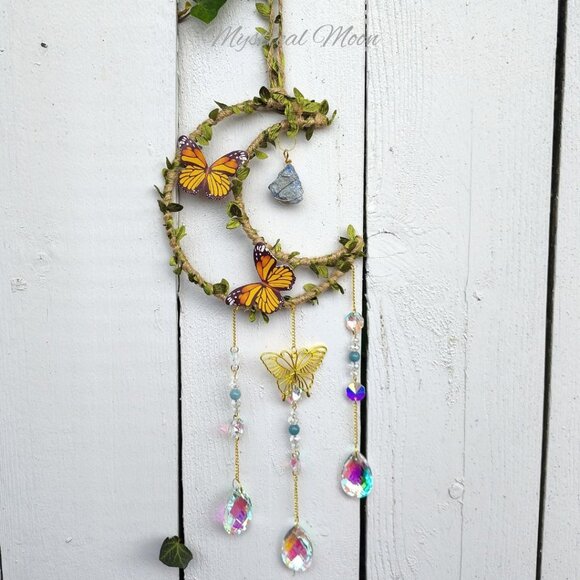 Accents | Fairycore Suncatcher Garden Leaves Butterflies Blue Gemstone ...